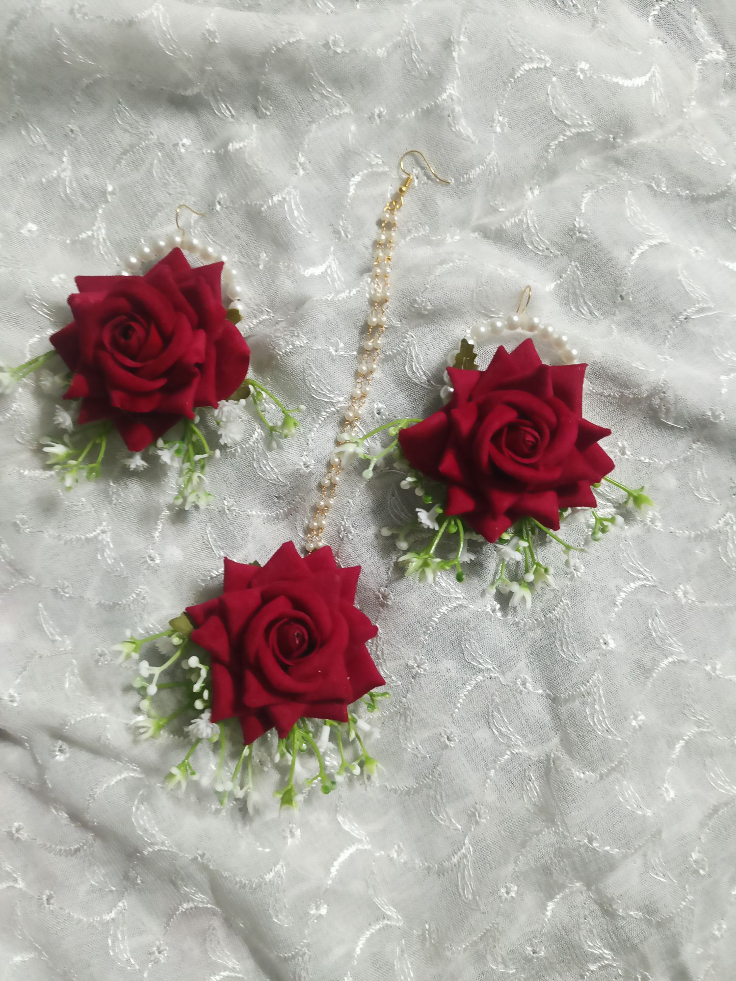 Artificial flower earring and tikli set - Rose and Gyspy dul tikli set ...
