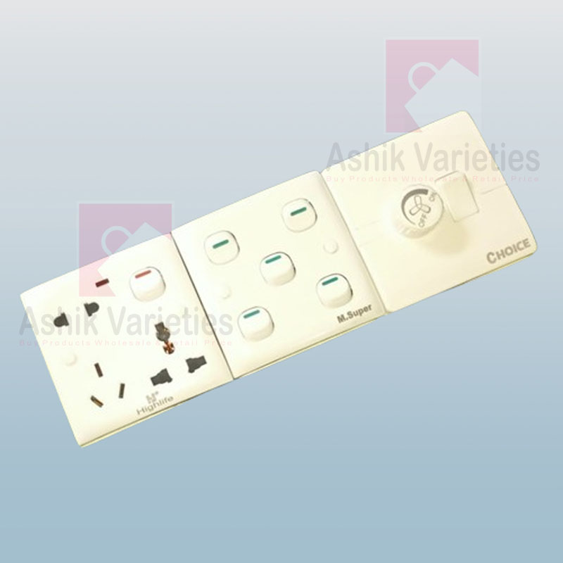 5 Gang Switch Multi Socket with Fan Dimer with without 3 Gang PVC Back ...