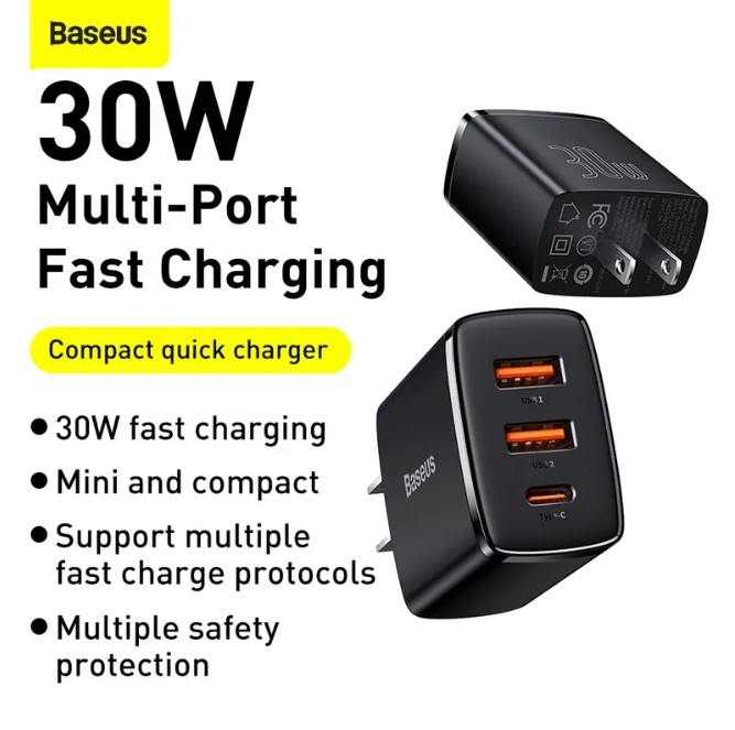 BASEUS Compact Quick Charger 2U+C Three Ports 30W Travel Power Adapter ...