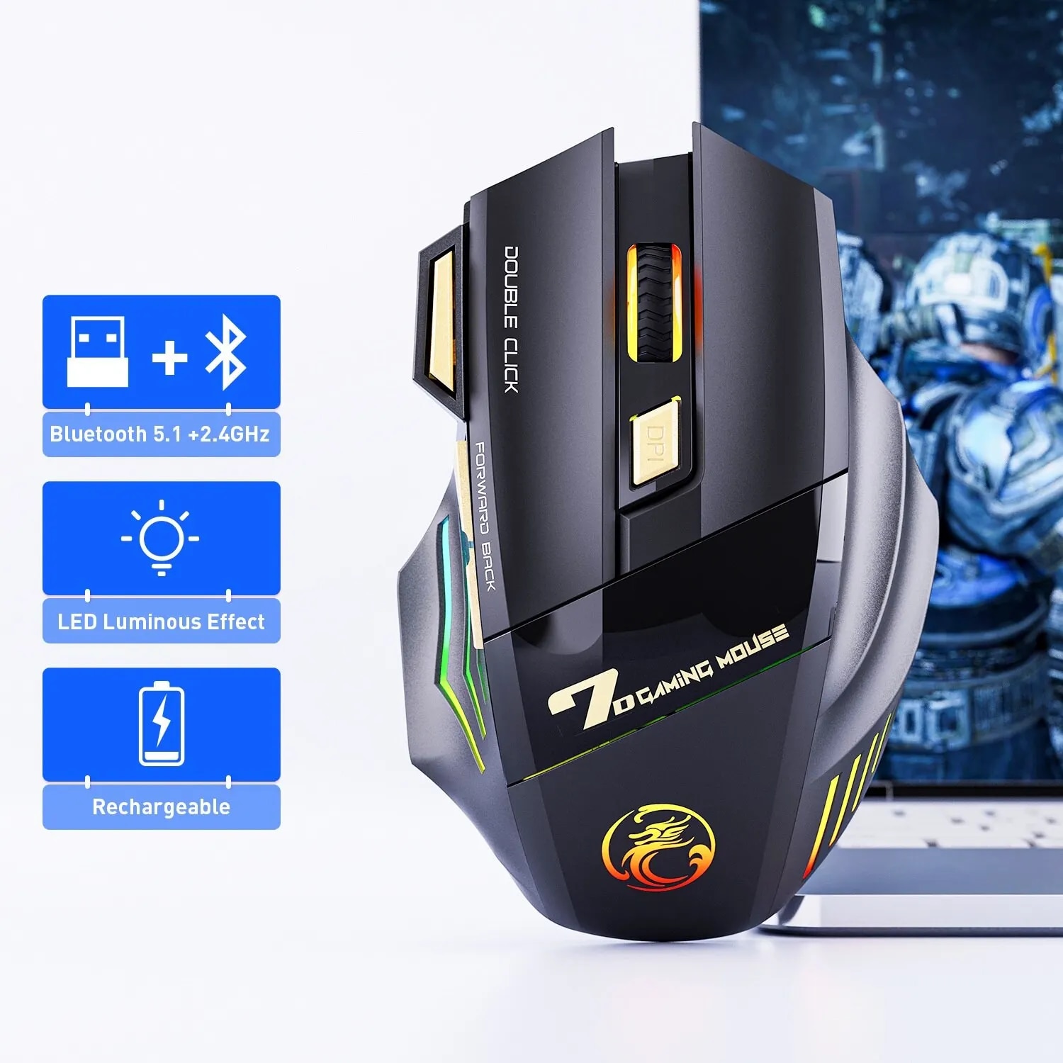 Wireless Gaming Mouse USB IMICE GW-X7 3200DPI Dual Mode Rechargeable 7 ...