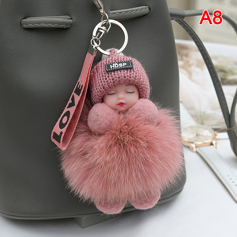 Pompom Sleeping Baby Keychain Cute Fluffy Plush Doll Keychains | Daraz ...
