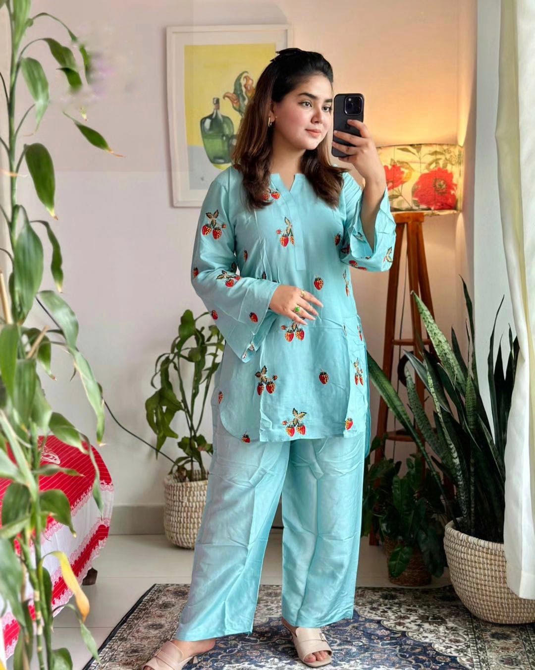 New Design Cotton Embroidery Strawberry Design Full Sleeve Kurti Set ...