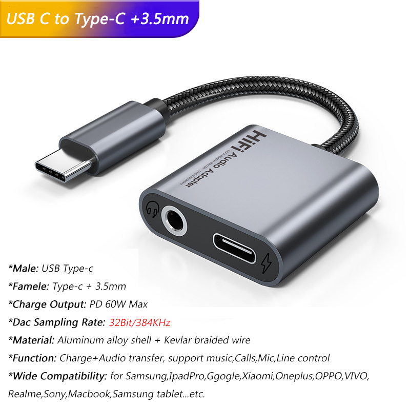 2 in 1 USB Type C 3.5MM Jack Earphone Adapter Dac USB C Audio Adaptator ...