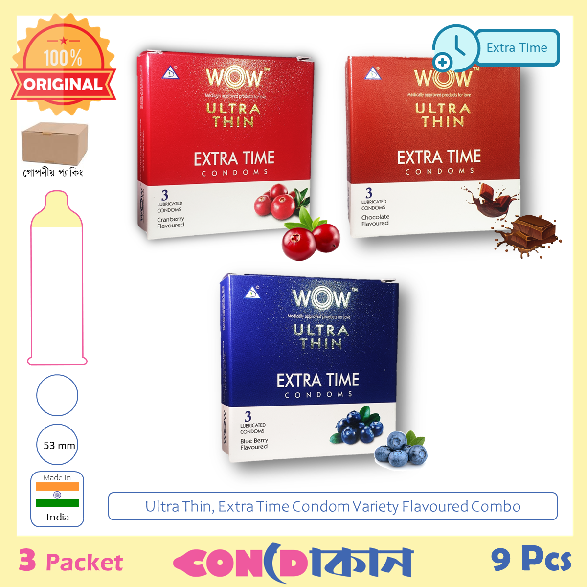 [111Tk Deal] WOW Ultra Thin Extra Time Condom Variety Flavour Combo 3 Pack (9 Pcs)