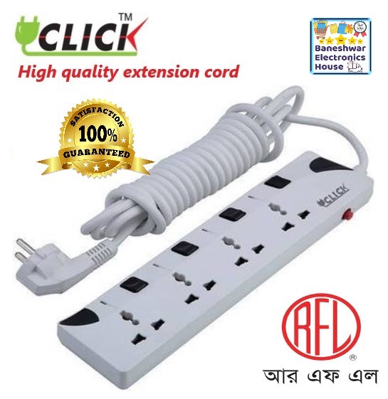 CLICK Safe 4 Point Multiplug Extension Cord 4skt Port Multi Plug Socket