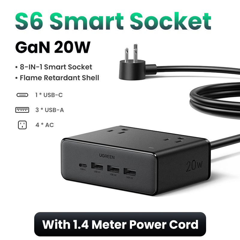 UGREEN GaN 20W S6 Smart Socket 8 in 1 Smart Socket Flame Retardant ...