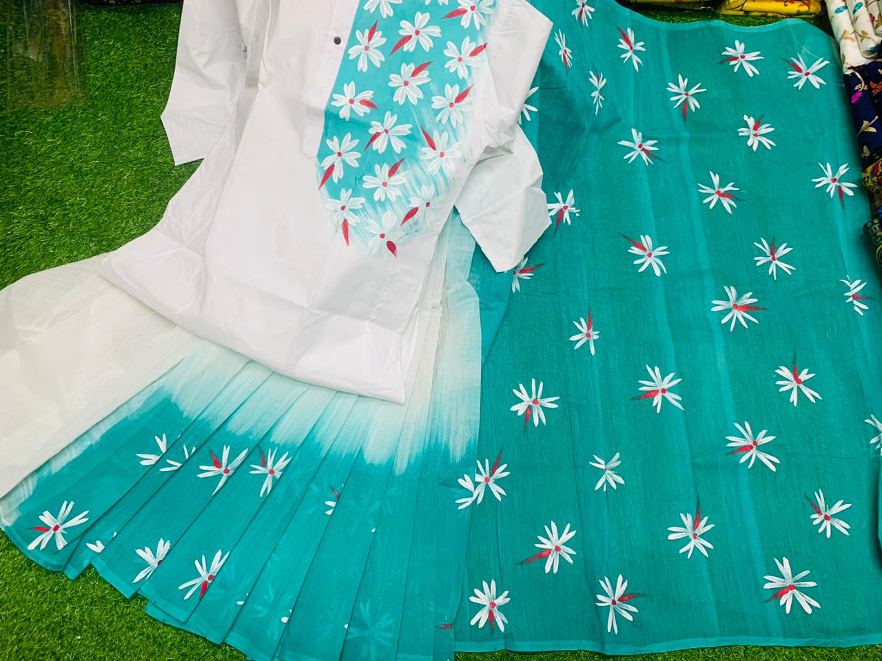 Couple set Half Silk Hand Print Saree and Panjabi Fashionable, Stylish ...