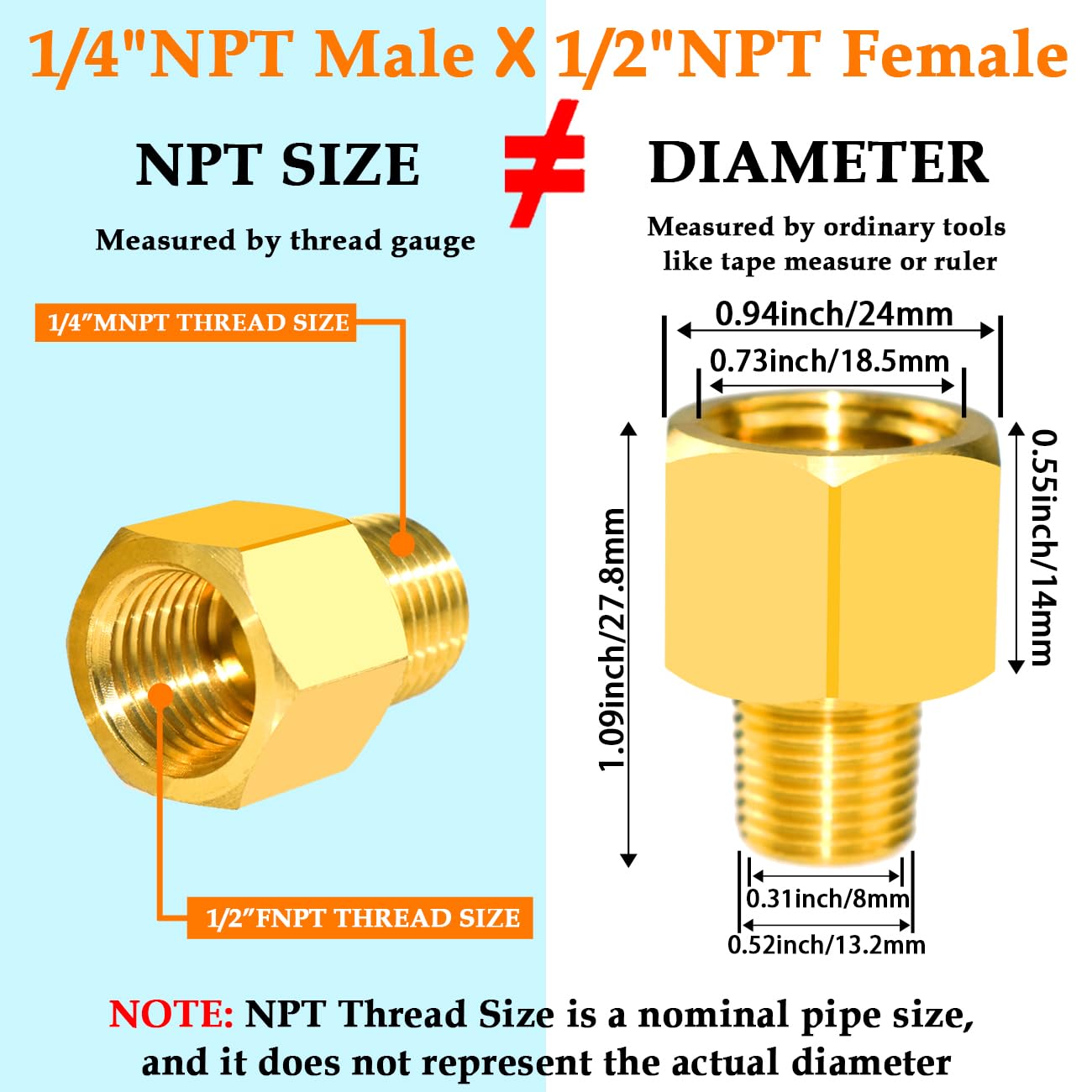 Brass Pipe Fitting Adapter 1/4" NPT Male to 1/2" NPT Female Reducer ...