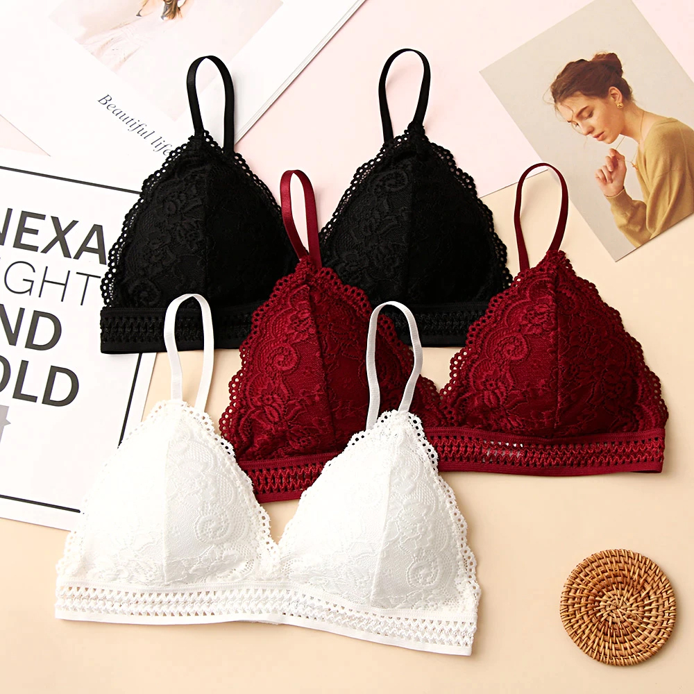 French Style Bralette Seamless Deep V Lace Bra Wireless Thin Underwear ...