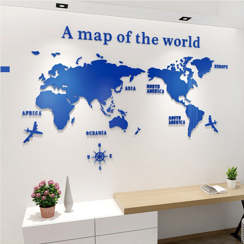 Nordic Style 3D World Map Wall Sticker Acrylic Solid Color Bedroom Wall ...
