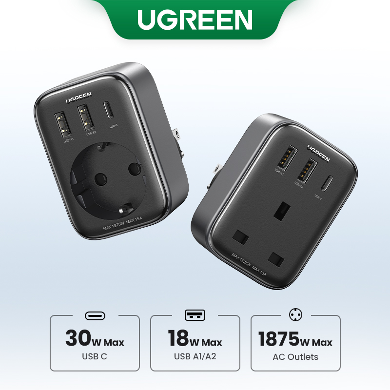 UGREEN PD 30W GaN Fast Charger AC Outlets Adapter 2 USB 1 USB-C Port ...