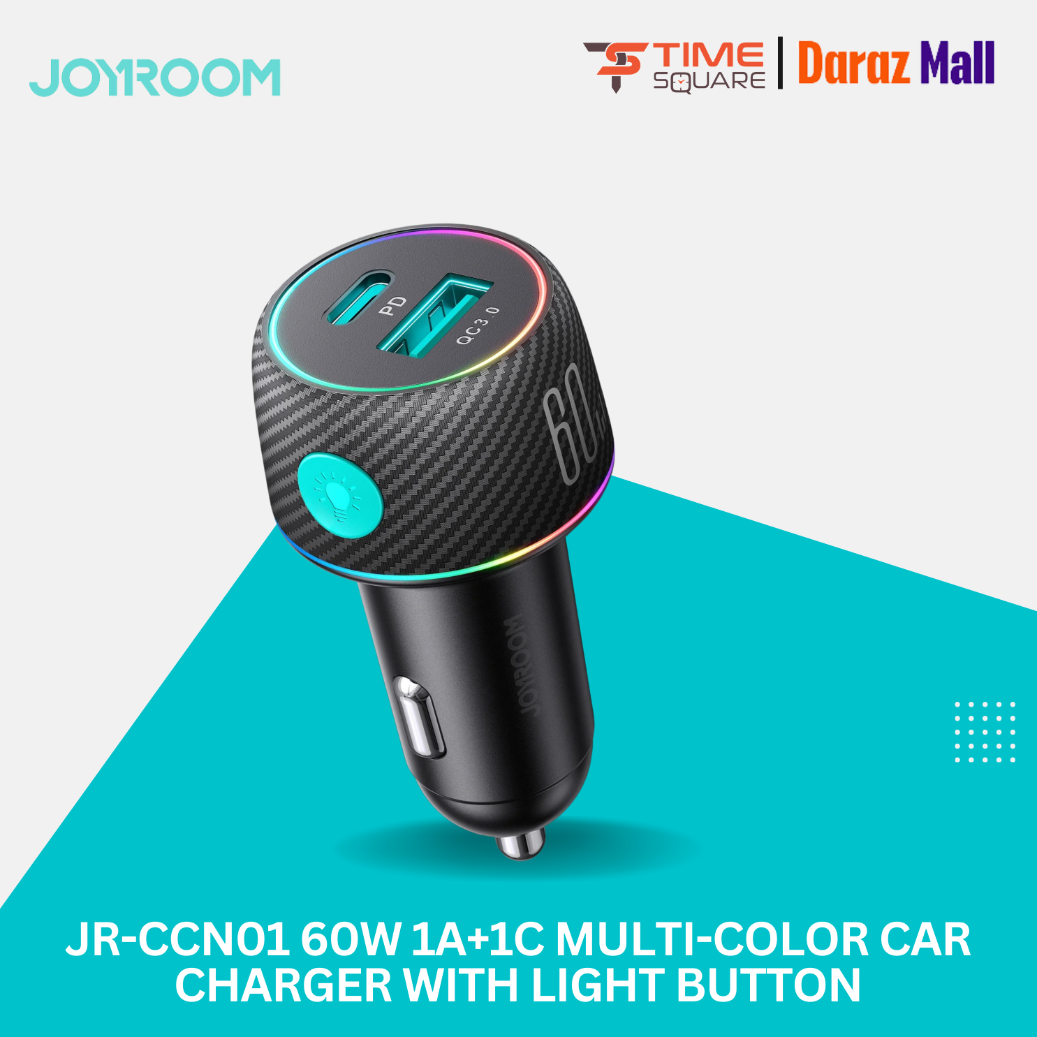 JOYROOM JR-CCN01 60W 1A + 1C Multi-color Car Charger With Light Button - Black | Daraz.com.bd