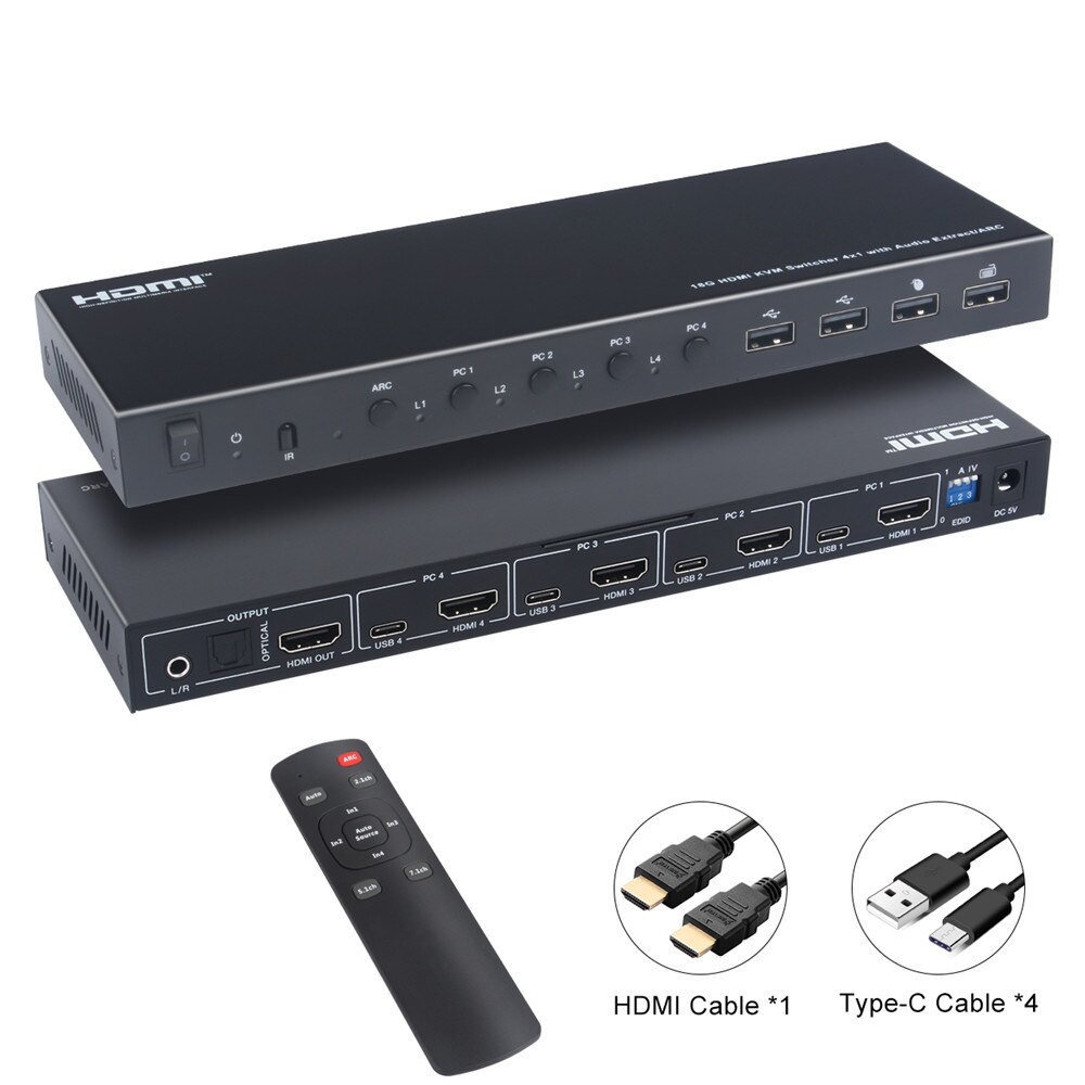 HDMI KVM switch 4 in 4 out 18G with intelligent EDID management and ARC ...