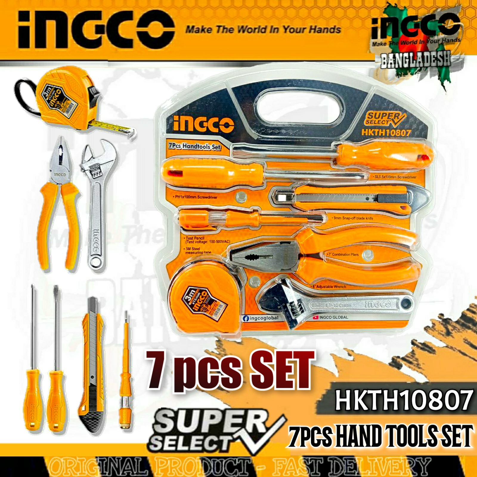 INGCO 7Pcs Handtools Set With Combination Pliers,Test Pencil,Adjustable ...