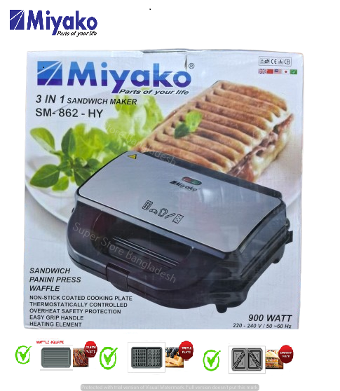 Miyako SM-862-HY Multipurpose 3 In 1 Sandwich Maker with Sandwich Plate ...