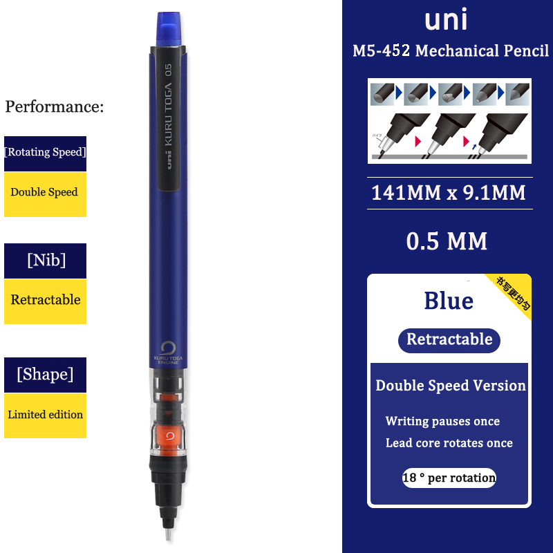 UNI Mechanical Pencil M5-452 Rotation 0.5MM Retractable Lead Automatic Pencil Kuru Toga Student ...