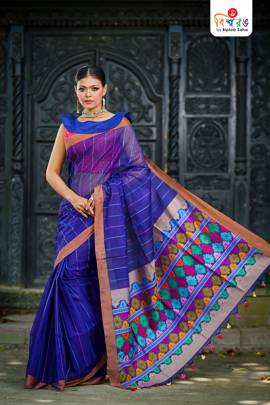 Bishworang Navy Blue colour Tat Sharee | Daraz.com.bd