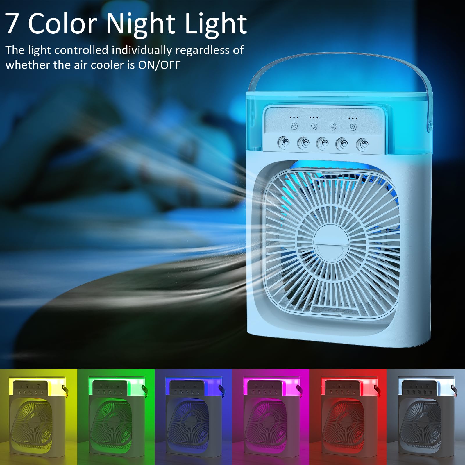Air Cooler Fan 3 in 1 Mini Portable Fan Humidifier with 7 Colors LED ...