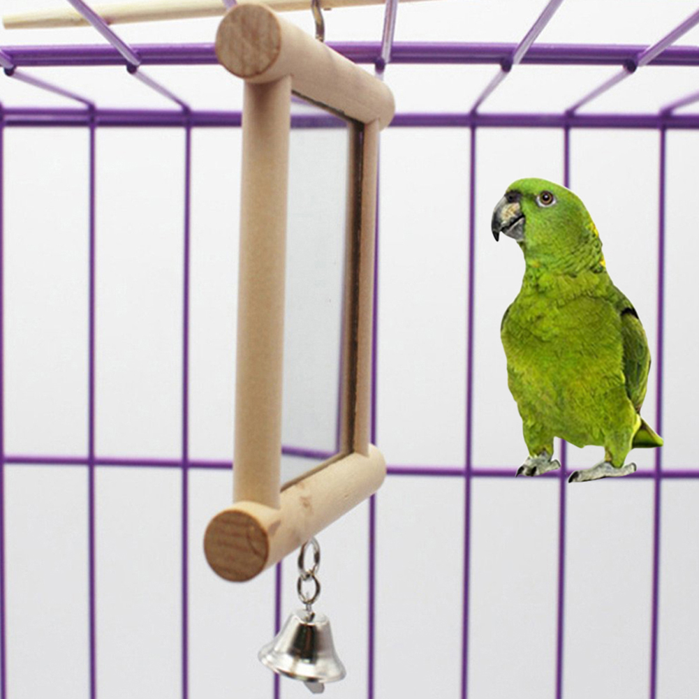 Pet Bird Parrot Bell Mirror Hanging Cage Wood Stand Perch Interactive ...