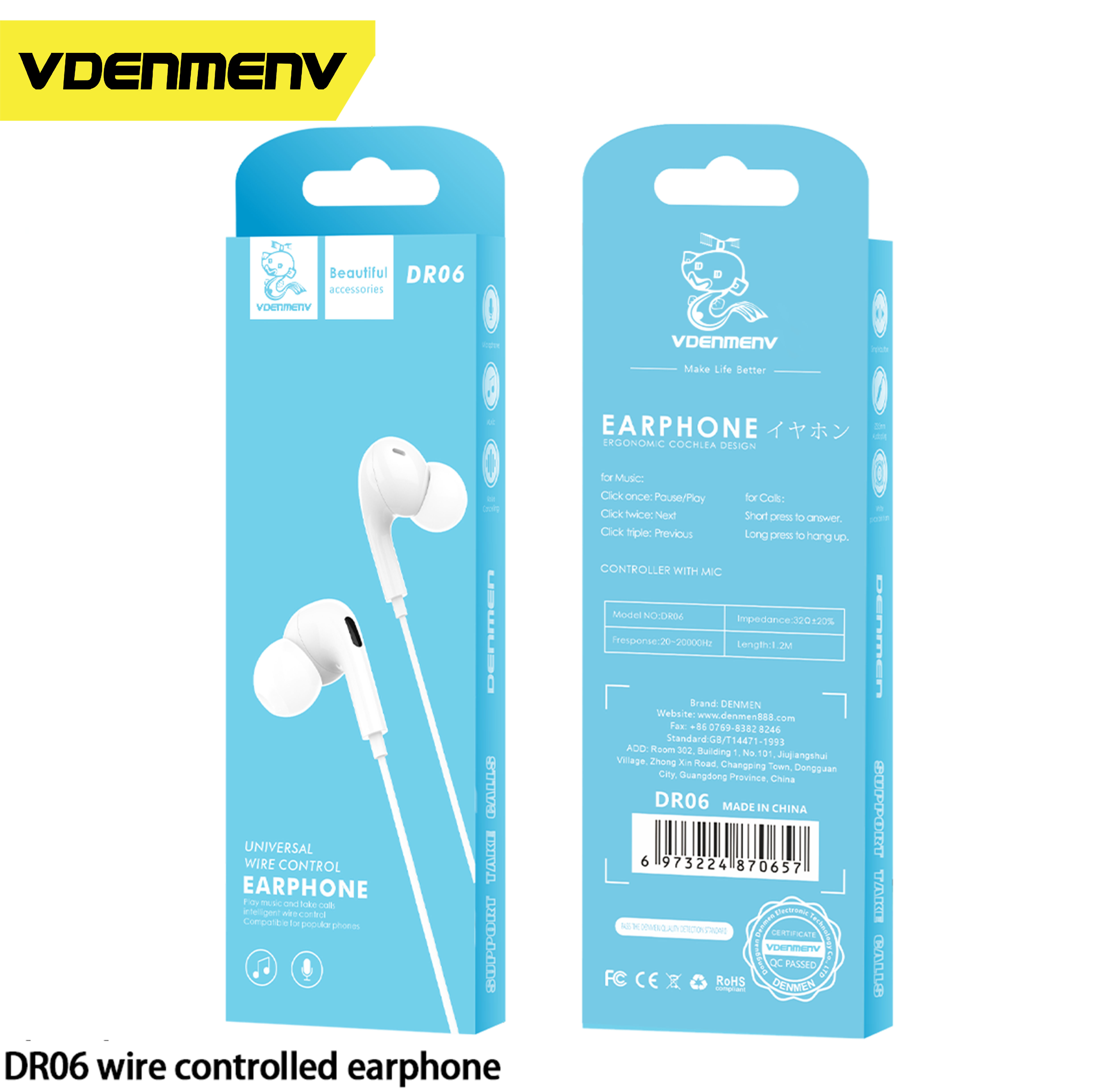 VDENMENV DR06 Headphone 1.2Meter Plastic Housing Contoller with Mic | Daraz.com.bd