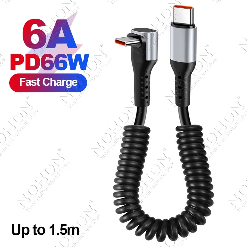 NOHON 66W Spring 90 Degree USB Type C Cable 6A Fast Charge Type-C Cord ...