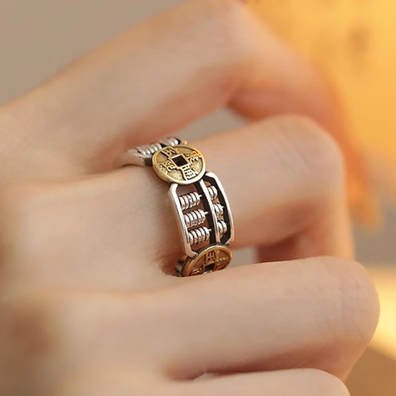 Vintage Copper Coin Abacus Bead Ring Chinese Lucky Money Rich Healthy ...