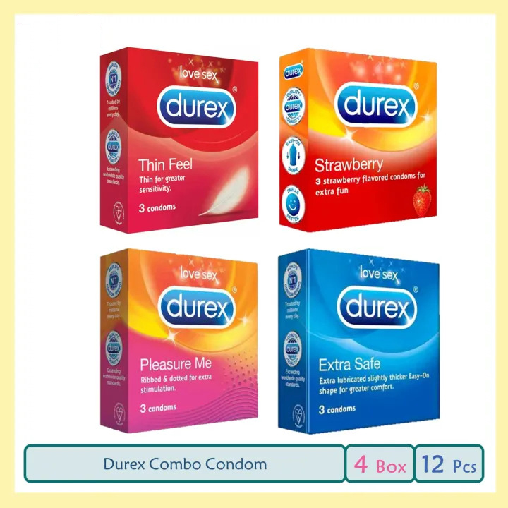 Durex Condom Thin Feel, Extra Safe, Pleasure Me, Strawberry Combo 4 Pack (12 Pcs) | Daraz.com.bd