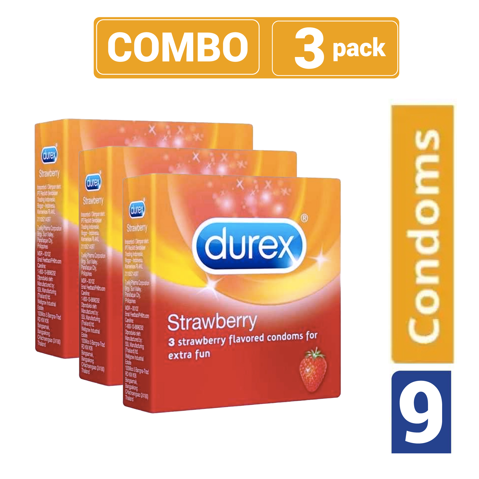 Durex - Strawberry Condom For Men- Combo Pack - 3 Packs - 3x3=9pcs | Daraz.com.bd