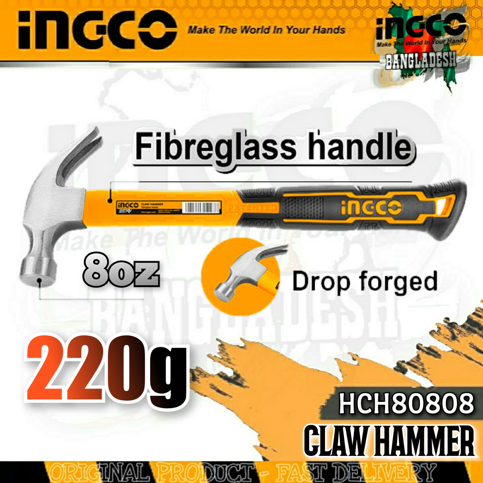INGCO 8oz Claw hammer With Unique design fiberglass handle HCH81008 ...