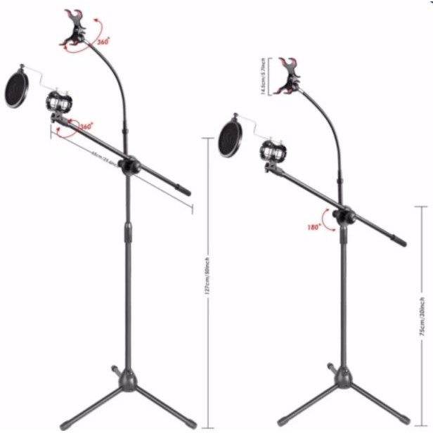 Metal Microphone Floor Stand with Boom Arm 360° Rotating Phone Holder ...
