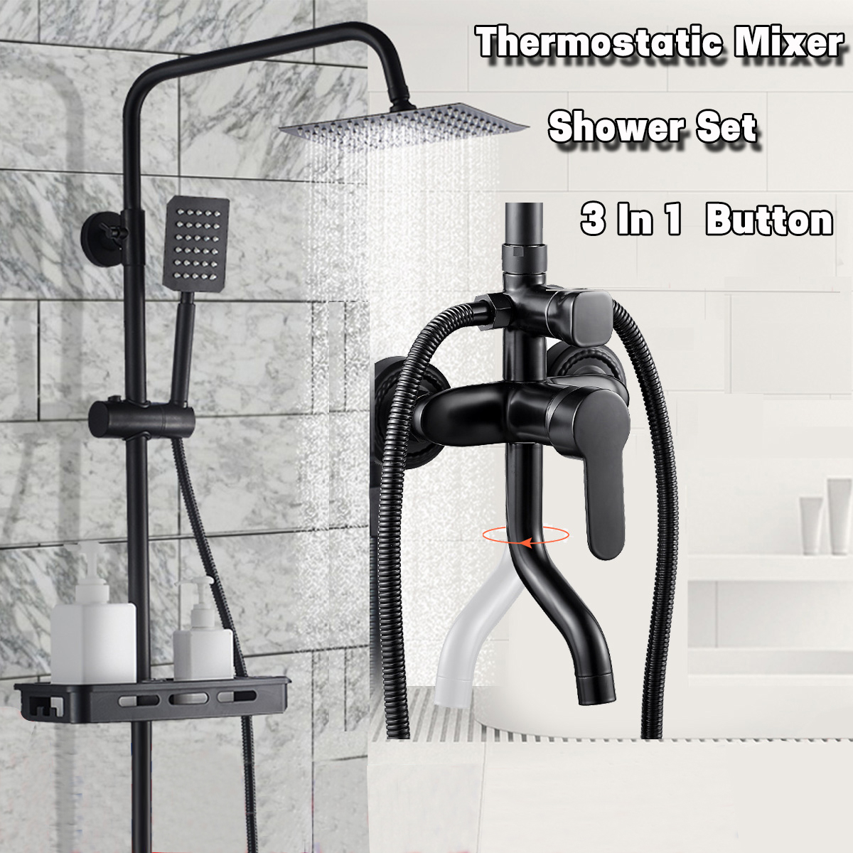 Matte Square Bathroom Thermostatic Mixer Shower Set Black Bathtub ...