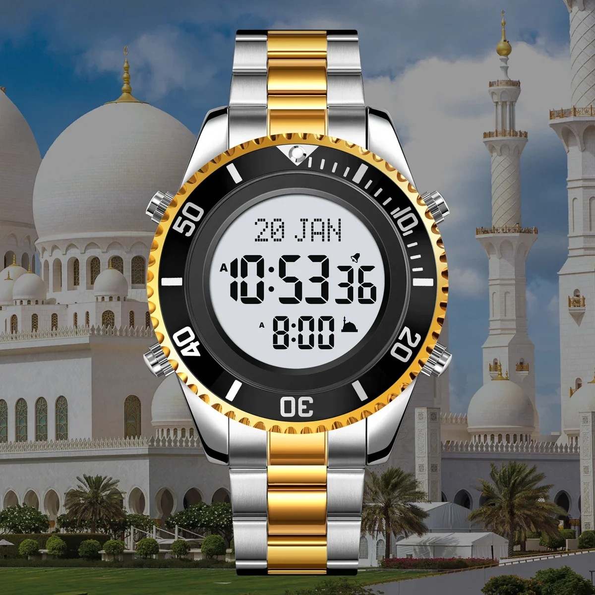 SKMEI 2141 Stainless Steel Digital Watche Muslim Azan Prayer Compass ...