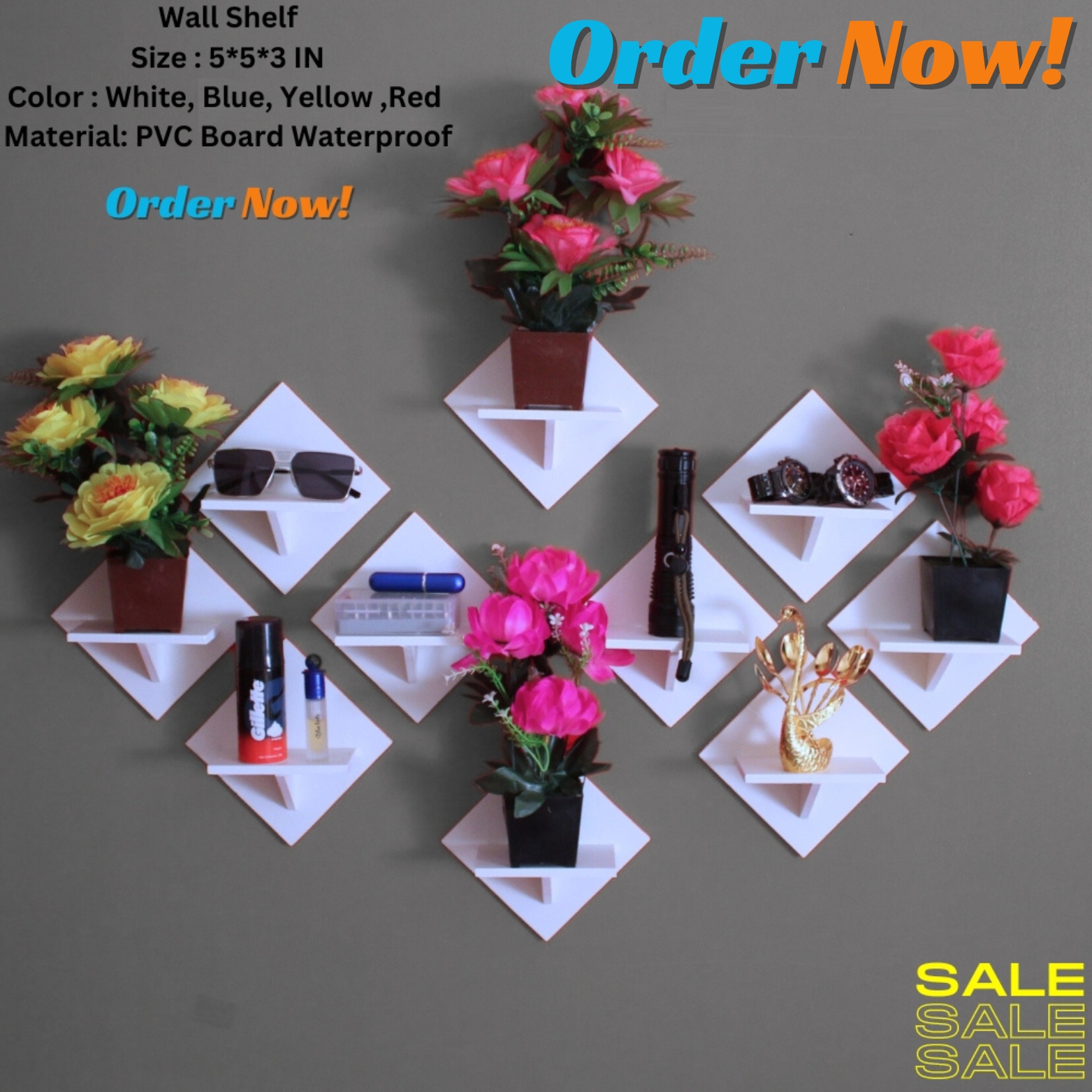 Square Shape Wall Shelf , Self Adhesive Punch Free ( 10/5/3 Pcs stand 1 ...