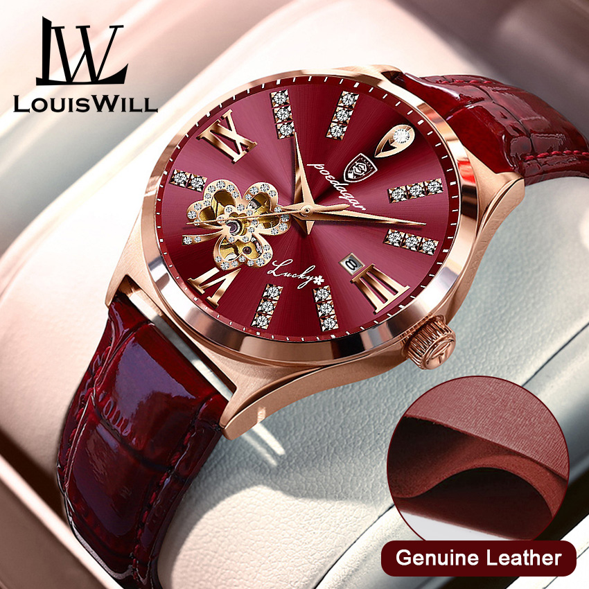 LouisWill Gen-uine Leather Watch Women's Fashion Watch Clover Dial ...