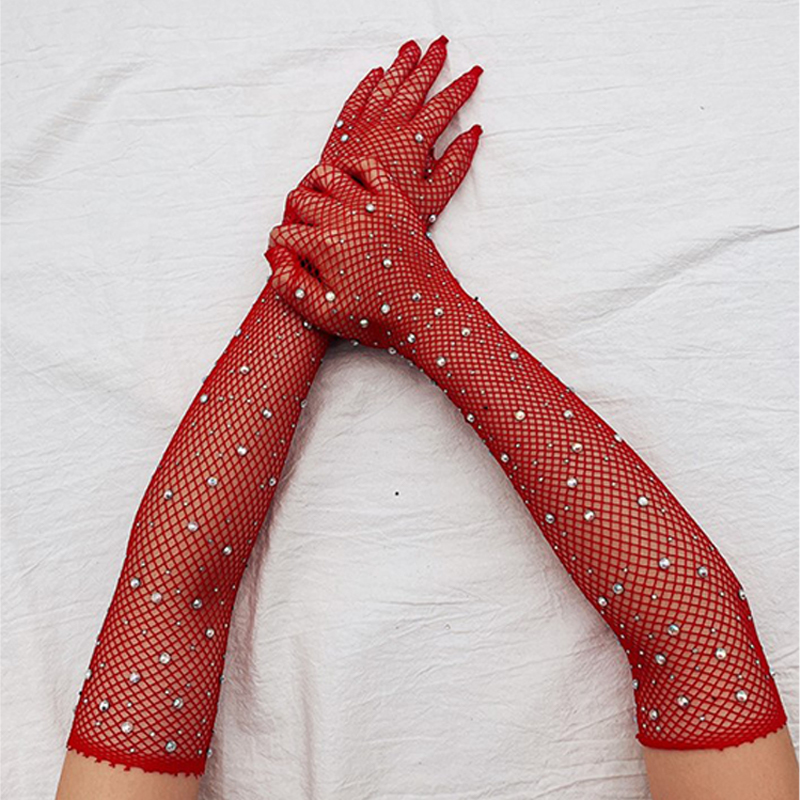 Black White Red Long Mesh Gloves With Rhinestones Hollow Fishing Net ...