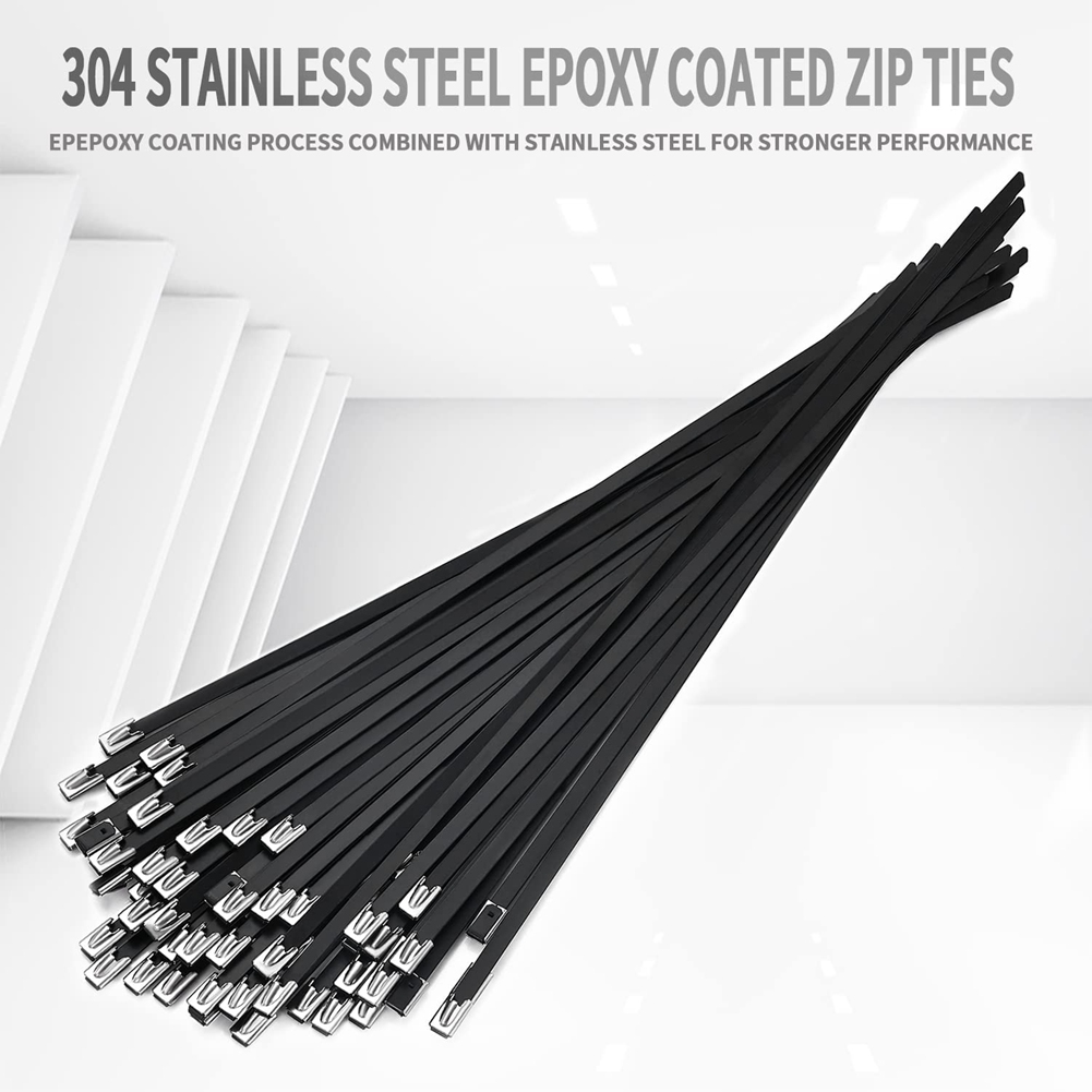 100Pcs Metal Zip Ties Epoxy Coated Cable Tie Black Cable Tie 11.8 Inch ...