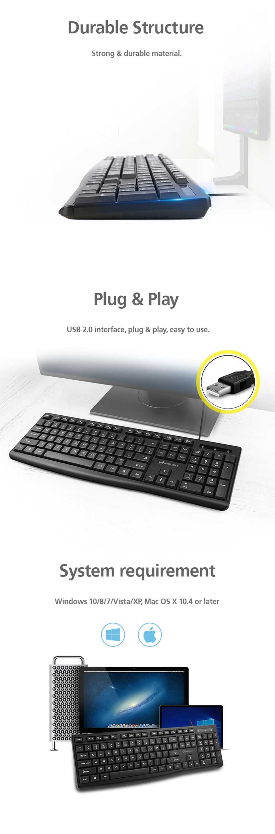 Micropack USB Keyboard K-206 Low Cap Black Multimedia Hot Keys