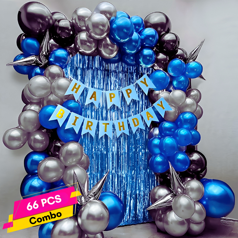 Premium Blue Birthday Decor Set: Banners, Curtains, Metallic Balloons, Pumper, Arch with Glue ...