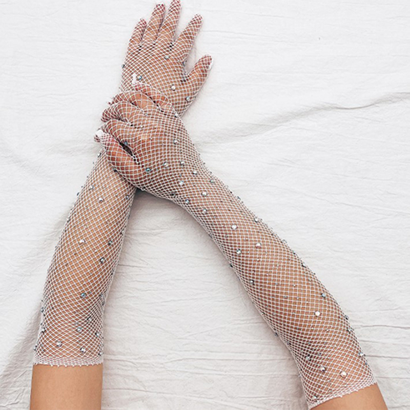 Black White Red Long Mesh Gloves With Rhinestones Hollow Fishing Net ...