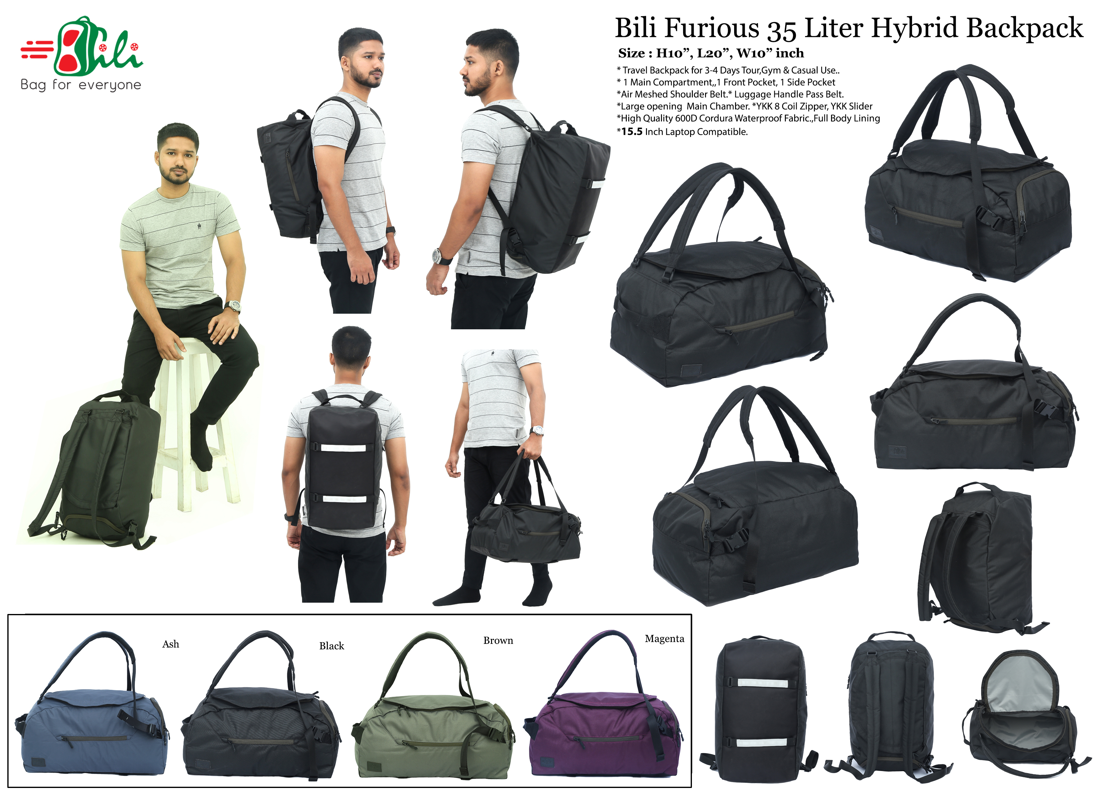Bili Online Furious 30 Liter Travel Duffel Bag & Backpack, Waterproof ...
