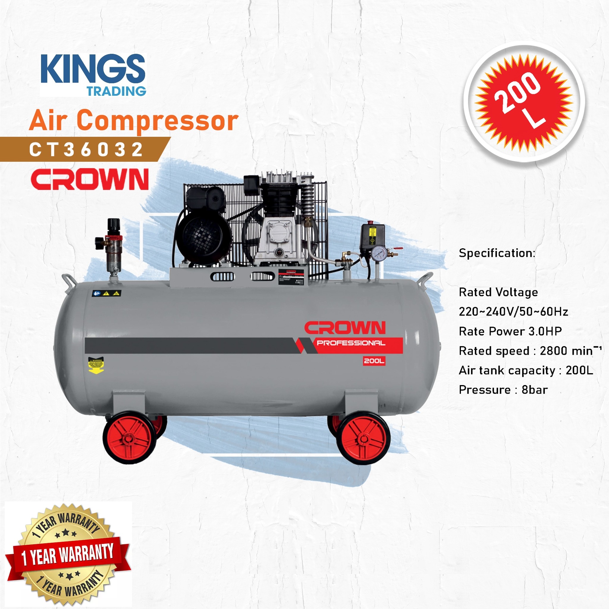 CROWN 200L Direct Air Compressors, Rate Power: 3.0HP, Rated speed: 2800 ...