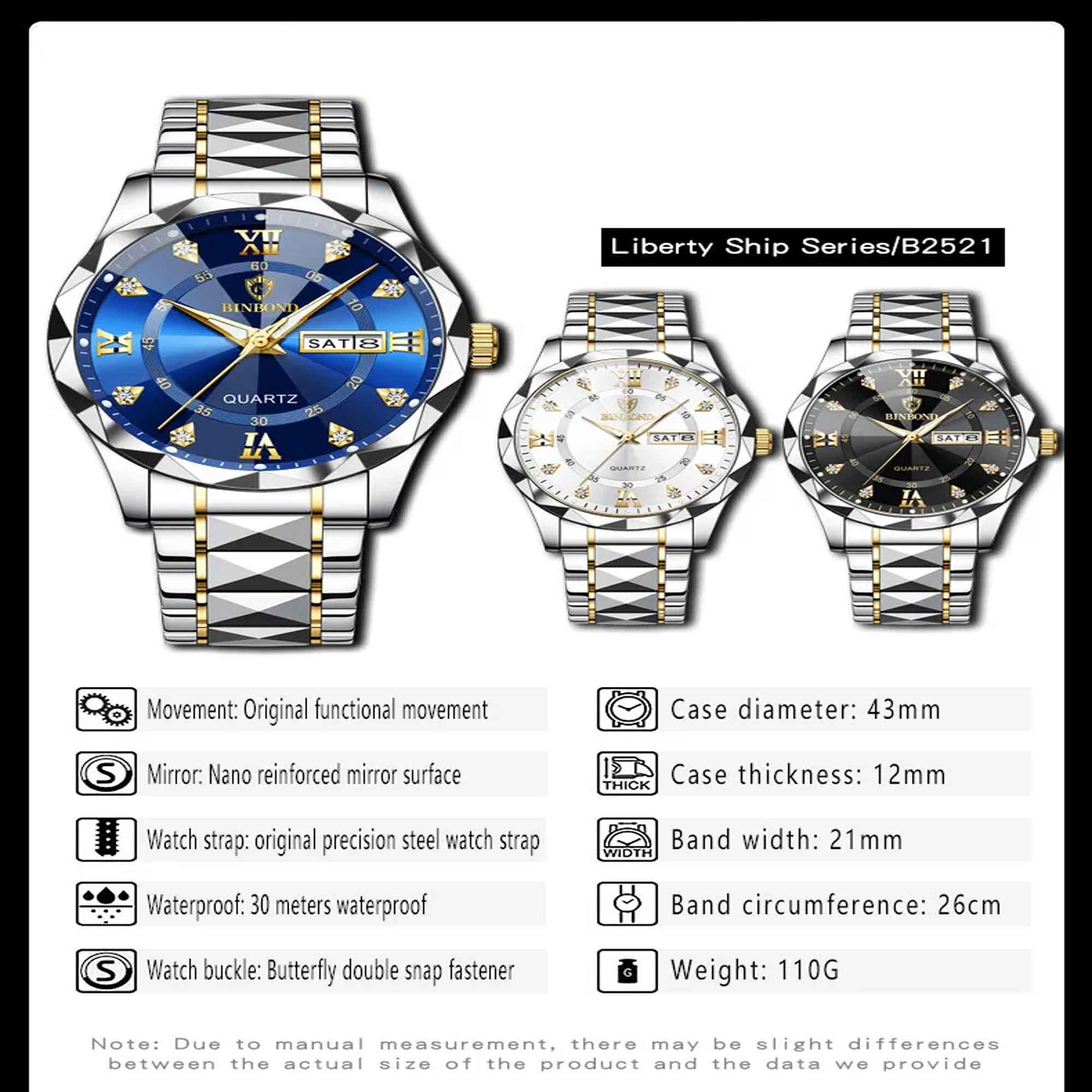 BINBOND 2521 Luxury Brand Luminous Quartz Watch For Men - Toton Gold Blue
