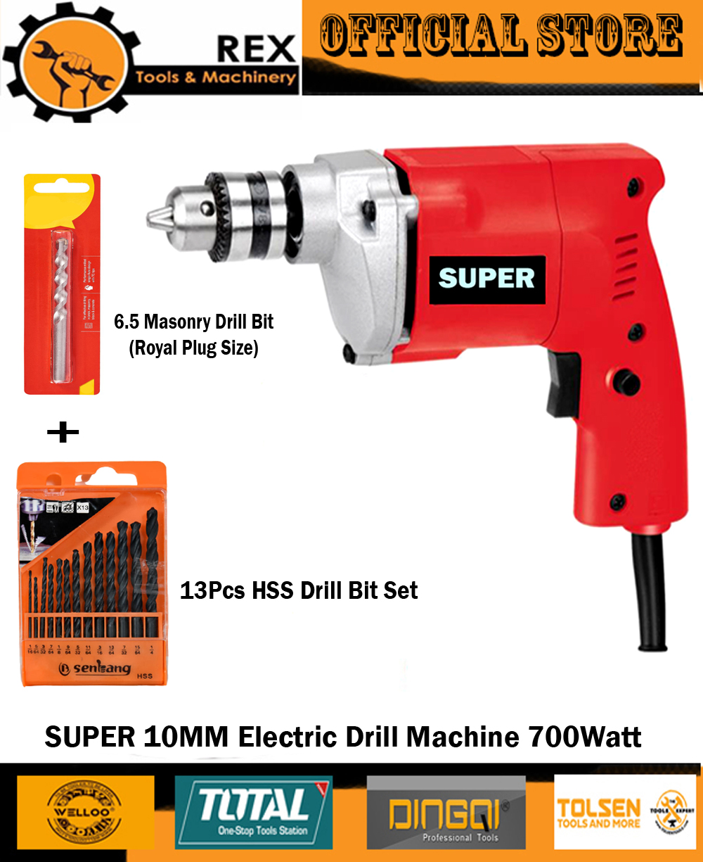 Super 10Mm Electric Drill Machine With 13 Piece Hss Drill Bit Set And 1 ...