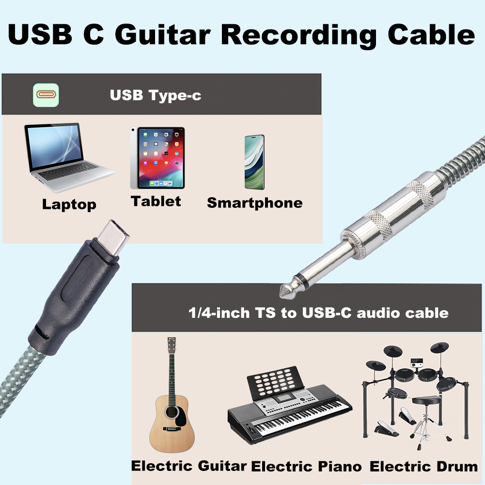 1/2/3/5M 6.35mm 1/4 Inch TS To USB-C Audio Cable Braided 6.35mm 1/4 ...