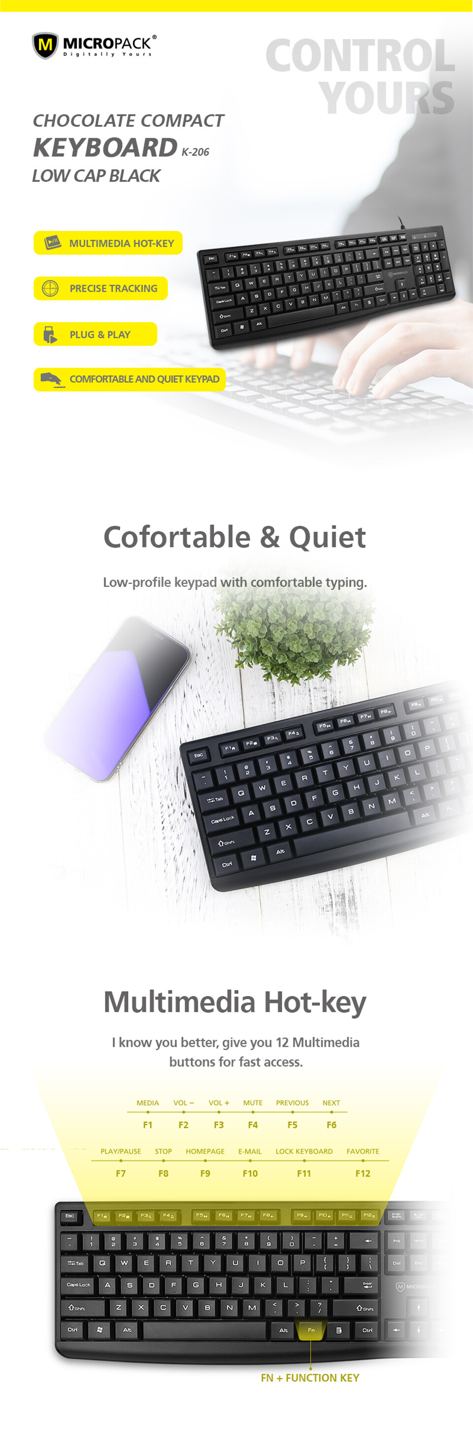 Micropack USB Keyboard K-206 Low Cap Black Multimedia Hot Keys