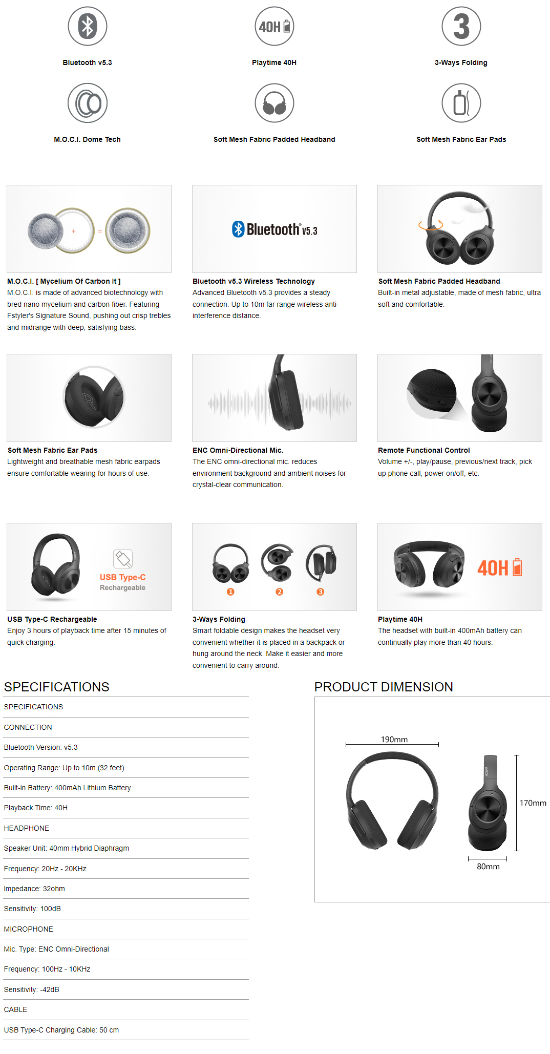 A4Tech Fstyler BH220 Bluetooth Wireless Headphone - Bluetooth Version v5.3 - 40H Playback Time ...