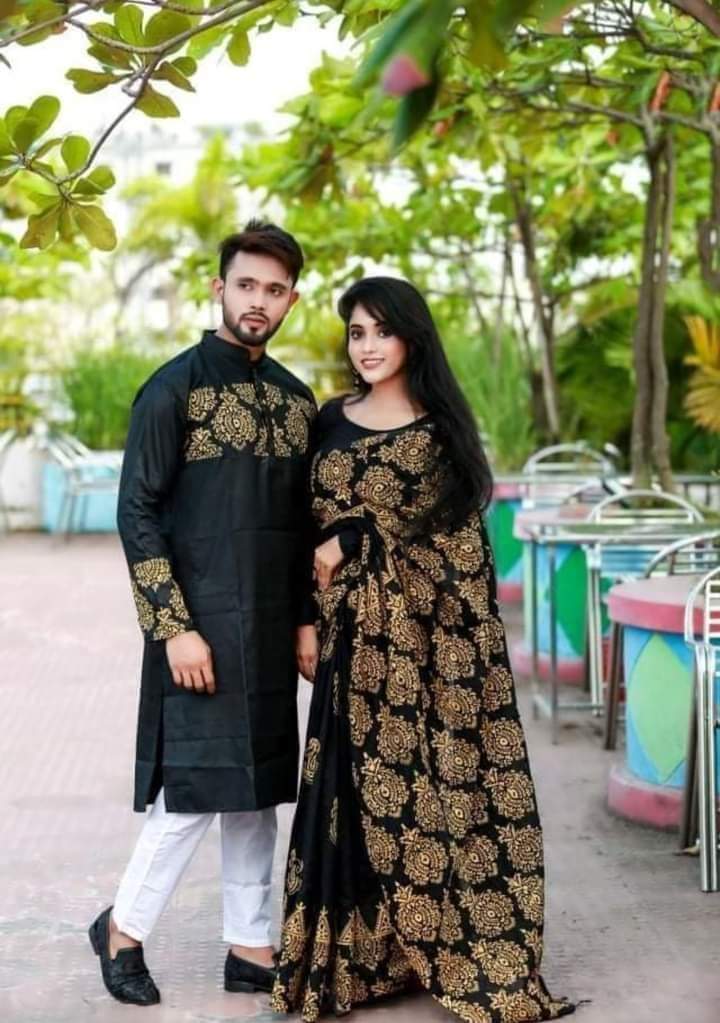 Occasional Dress/Couple Set/Matching Dress/Traditionally Dress/Sari And Panjabi- Block Print ...