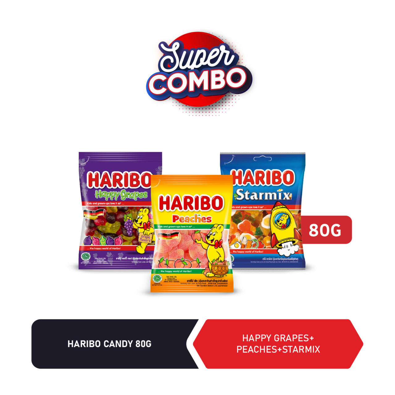 3 Pcs Combo Offer - HARIBO GUMMY CANDY 80GM - HAPPY GRAPES, PEACHES ...