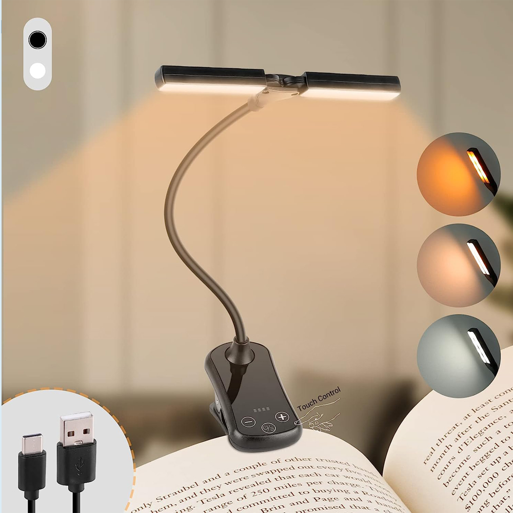 14 LED Clip On Book Light 3 Colors 8 Brightness Usb Rechargeable Night ...