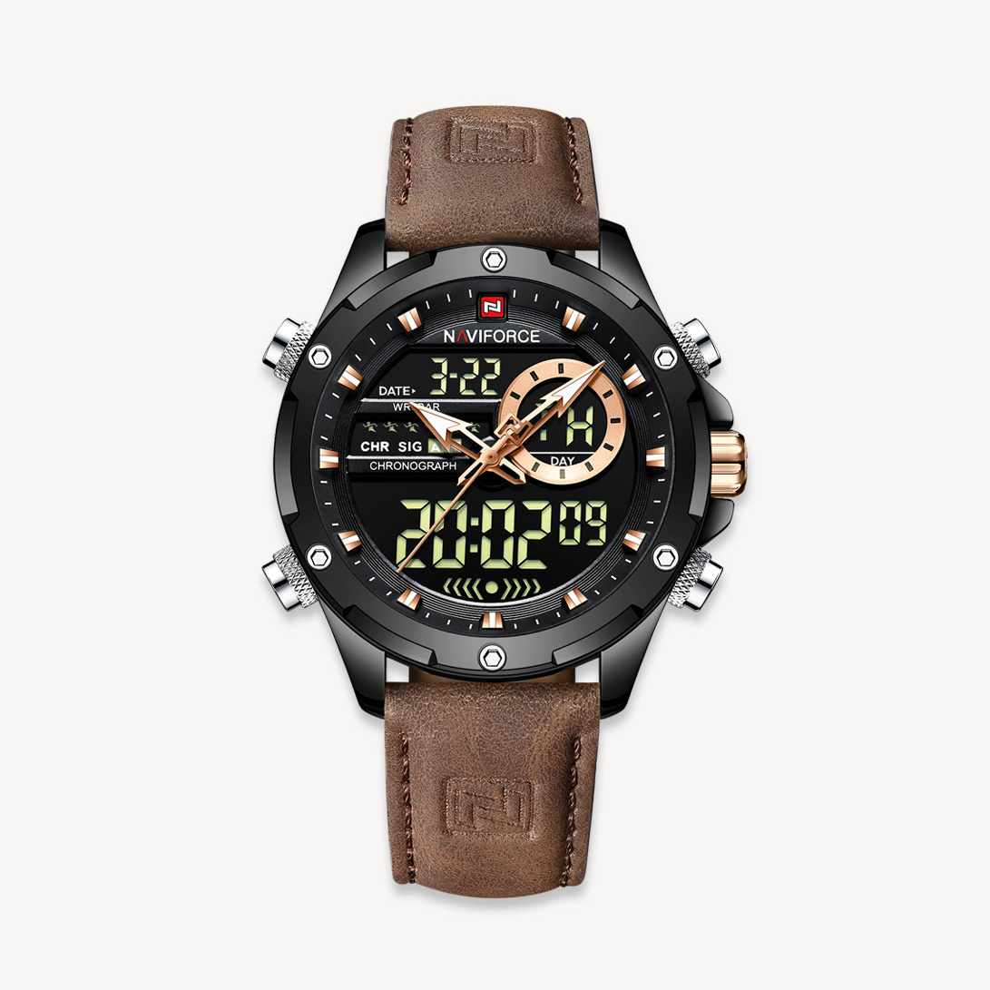 NAVIFORCE NF9208 Chocolate PU Leather Dual Time Watch For Men - Black ...